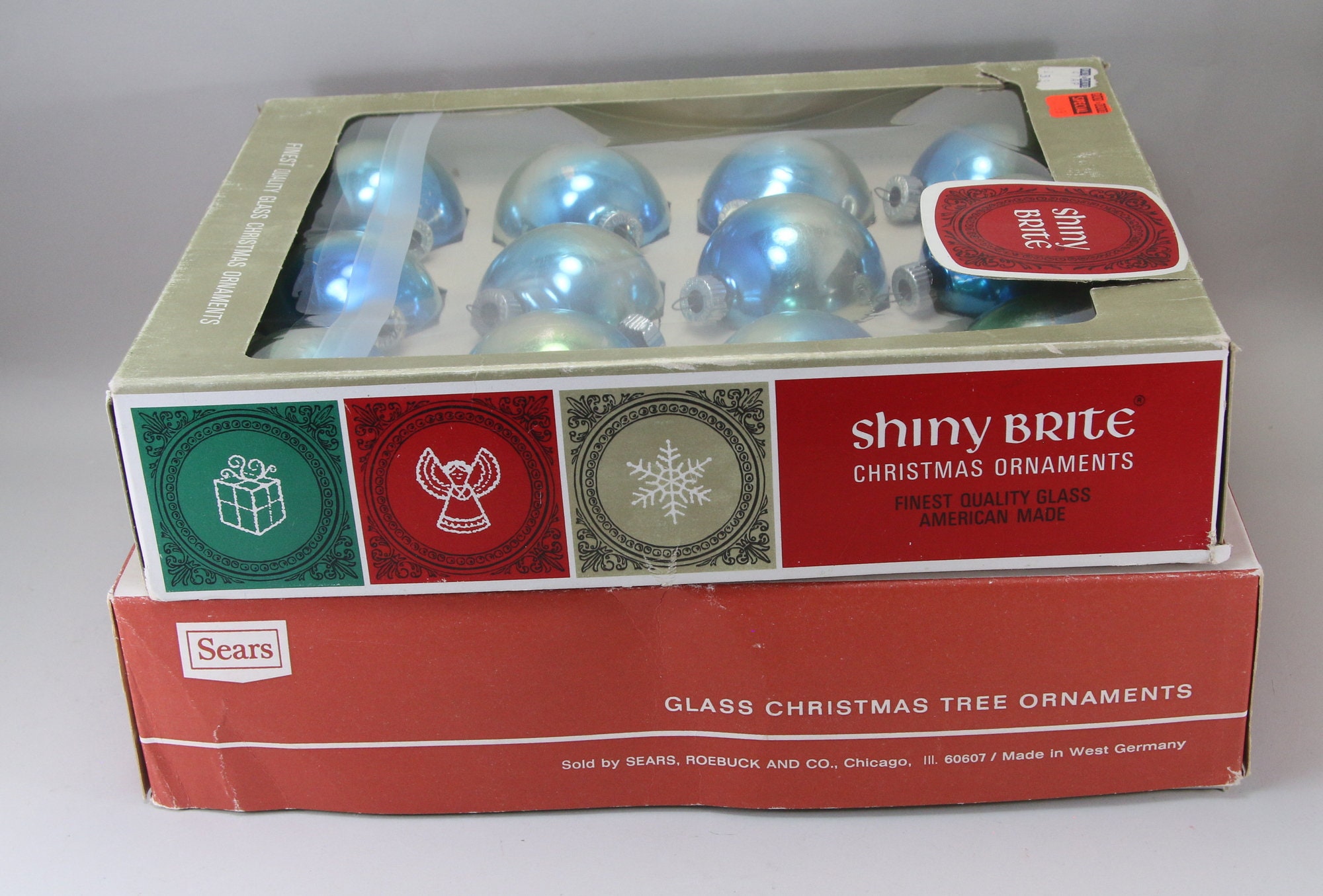 12 Vintage Shiny Brite Ombre Blue Gold Green Red Medallion Christmas ...