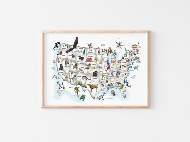 USA Map for Kids Baby Animal Nursery Map Print Map - Etsy