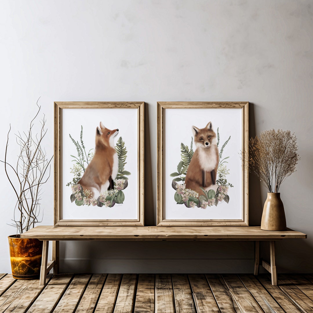 Set of 2 Fox Prints, Foxes in Wildflower Illustrations, Fox Wall Decor ...