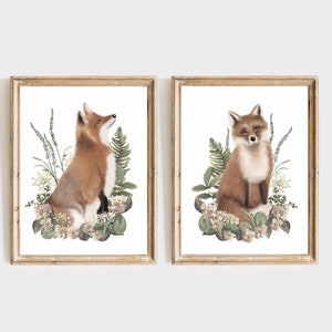 Set of 2 Fox Prints, Foxes in Wildflower Illustrations, Fox Wall Decor ...