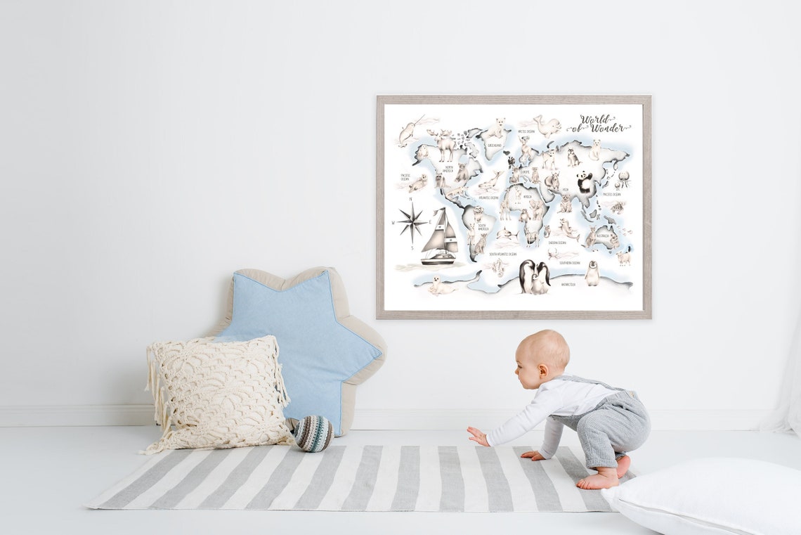 Kids Map of the World Nursery World Map Baby Boy Nursery - Etsy