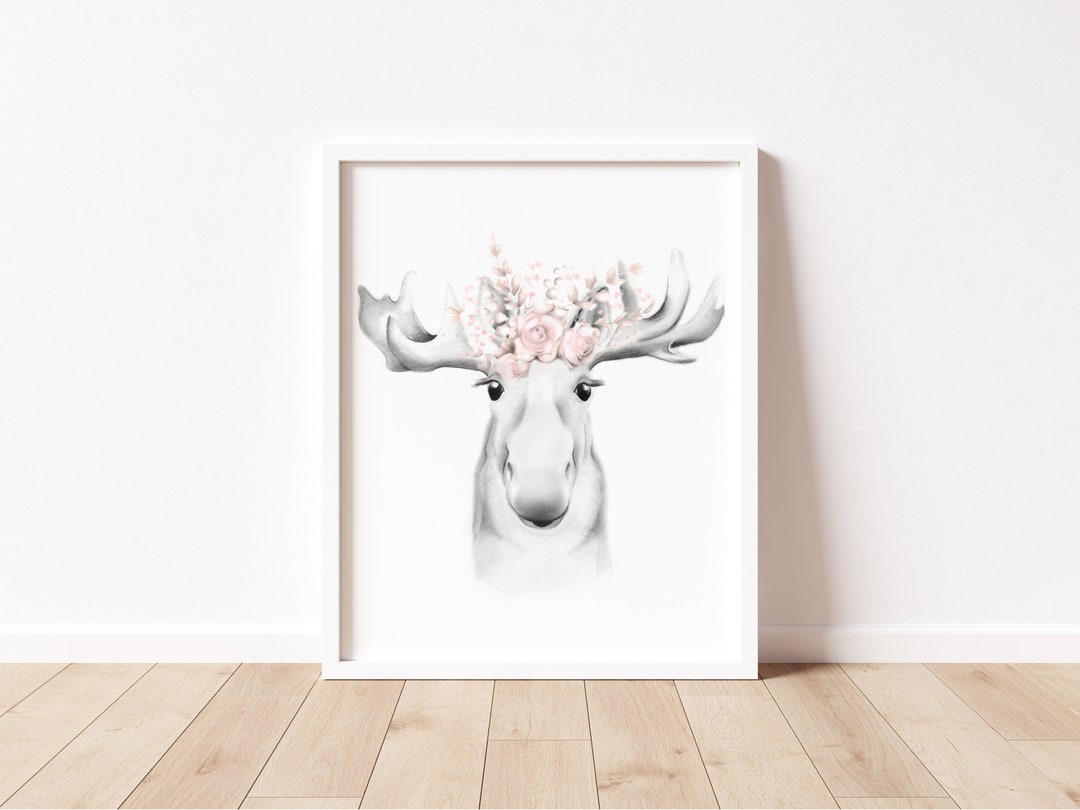 Moose Flower Crown Print, Woodland Nursery Art Print, Moose Flowers ...