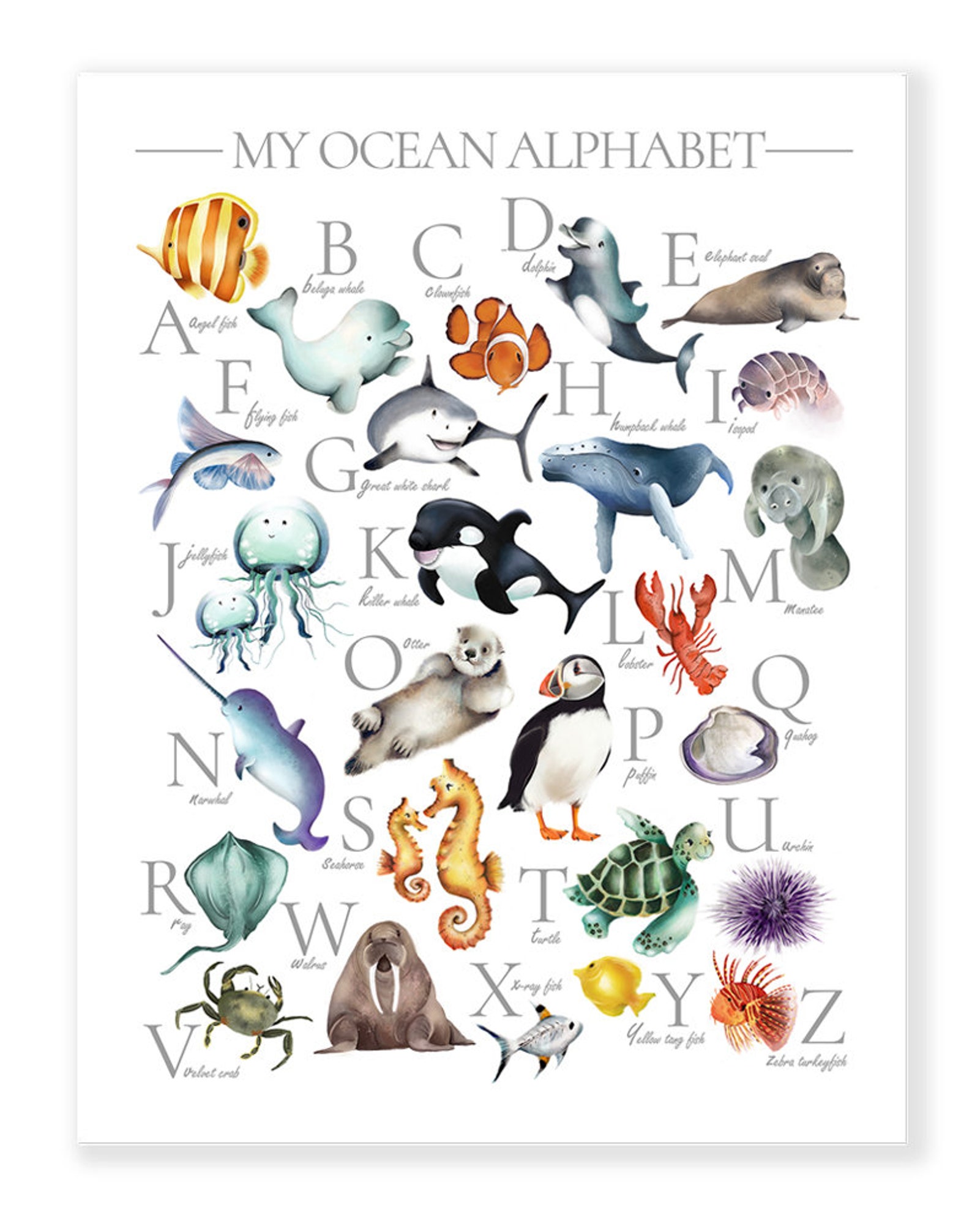 Ocean Alphabet Print Nautical ABC Poster Baby Sea Animal - Etsy