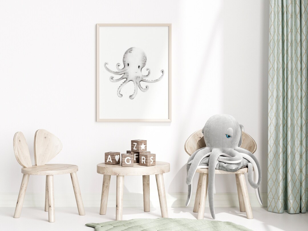 Baby Octopus, Sea Nursery Art, Pencil Drawing, Sketch, Beach, Ocean ...