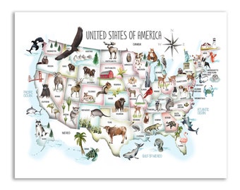 USA Map for Kids Baby Animal Nursery Map Print Map | Etsy