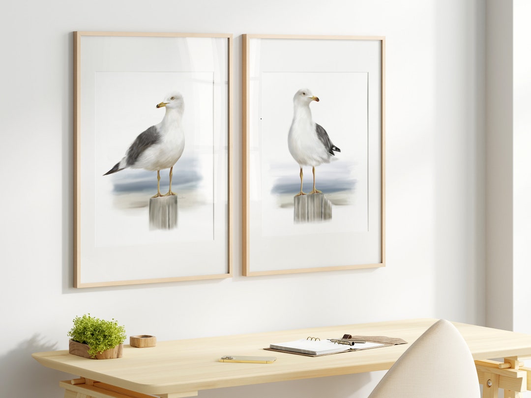 Set of 2 Seagull Art Prints, Coastal Wall Decor, Sea Bird Wall Art Gift ...