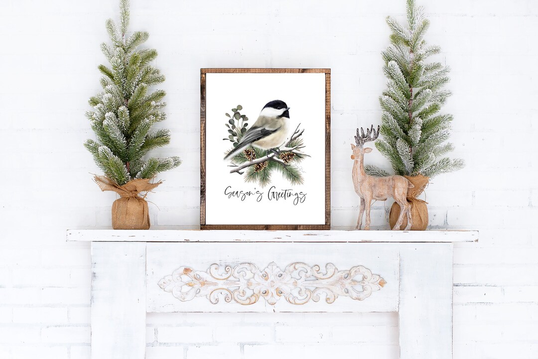 Bird Christmas Print, Chickadee Holiday Art, Winter Bird on Branch ...