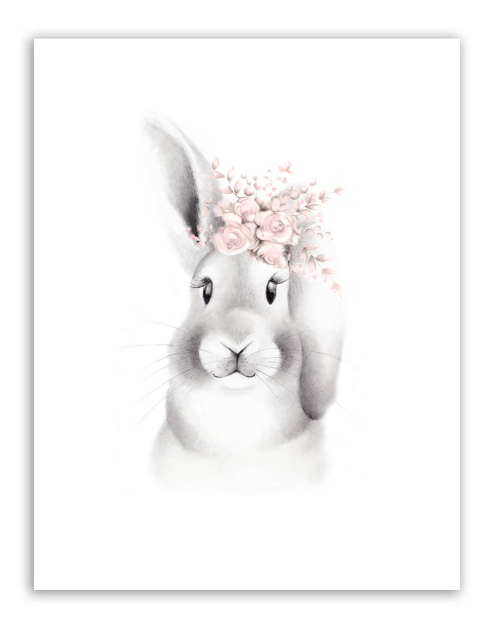 Bunny Flower Crown Print Baby Animal Face Pink Flowers - Etsy