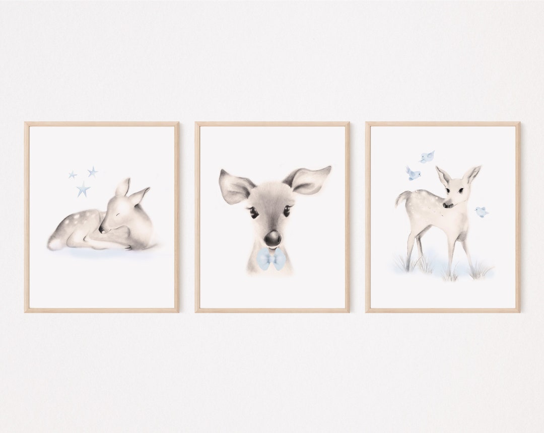 Deer Nursery Prints: Fawn Sketches, Blue Woodland Set of 3 - Etsy