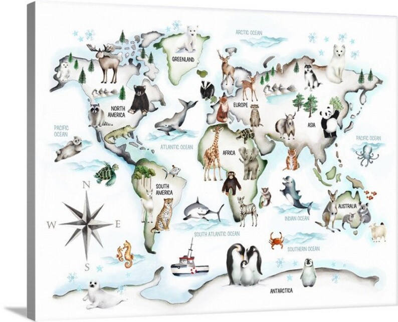 CANVAS Animal World Map Baby Animal Nursery Art Gender - Etsy