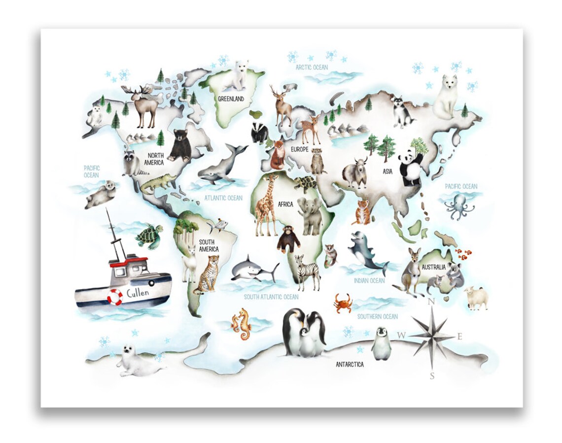 Personalized Kids World Map Nursery Print Baby Boy Nursery - Etsy