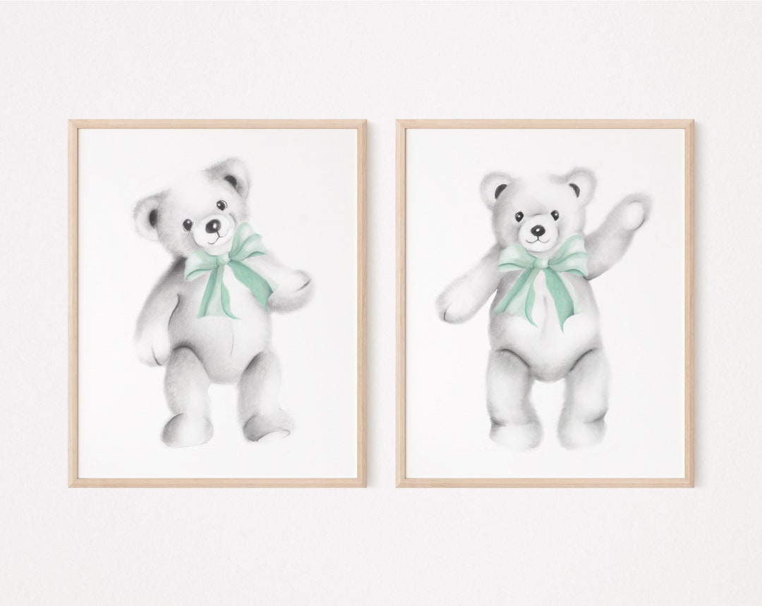 Teddy Bear Nursery Art Prints, Set of Two Teddies With Bows, Sketched ...