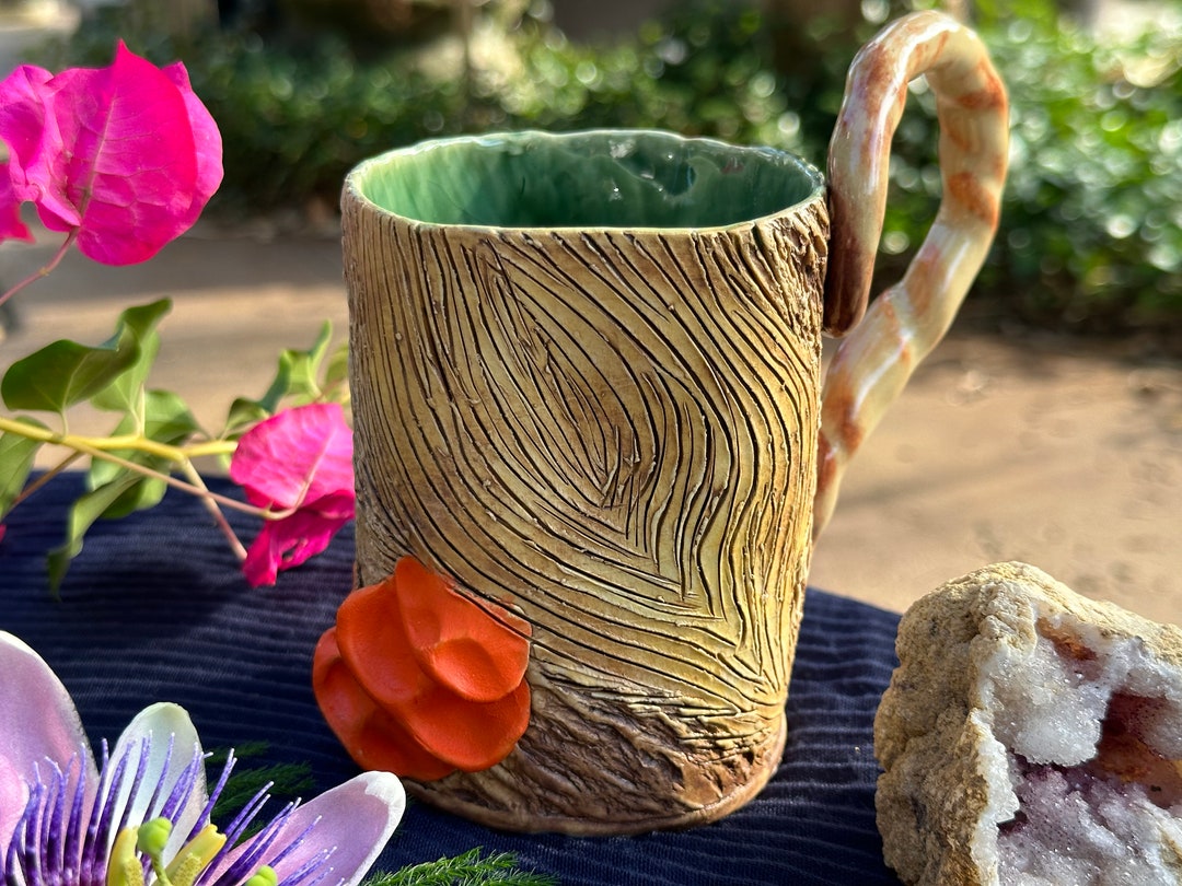 Orange Mushroom Pottery Cup Ceramic Mug Tree Stump Wooden Texture Hand ...