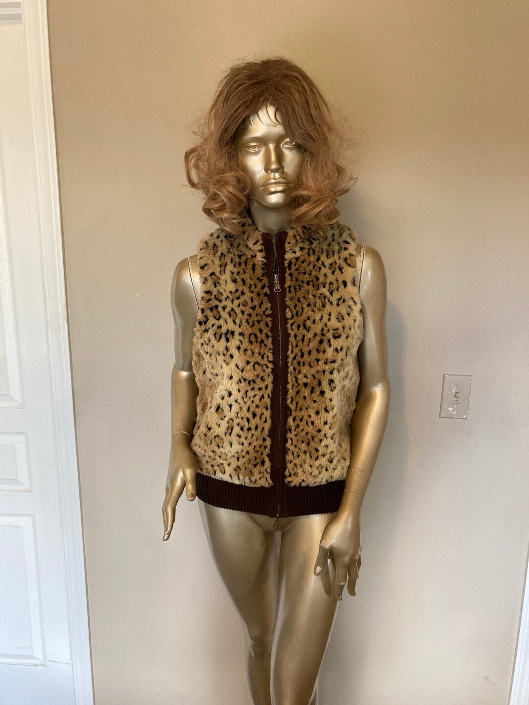 Reversible Vest Leopard Faux Fur/brown Cable Knit . Size S . Elegant ...