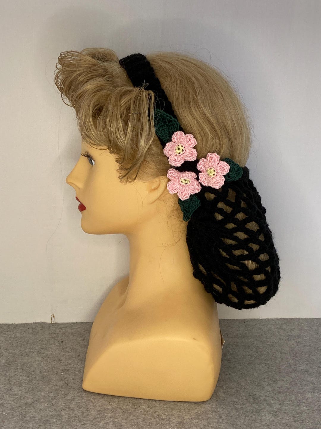 Thicker Handmade Crochet Half Snood in Black With 3 Small Pink Flowers ...
