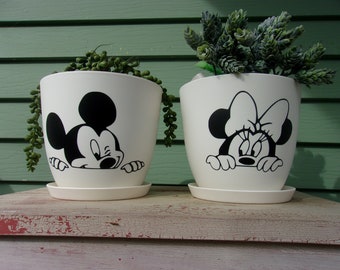 Mickey and Minnie Mouse Kissing Flower Pot, Hand Painted Terracotta ...