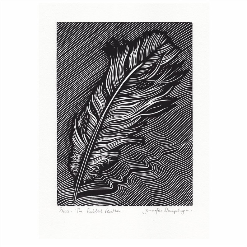Feather Lino Print - 'the Fabled Feather' by Jennifer Rampling - - Etsy UK