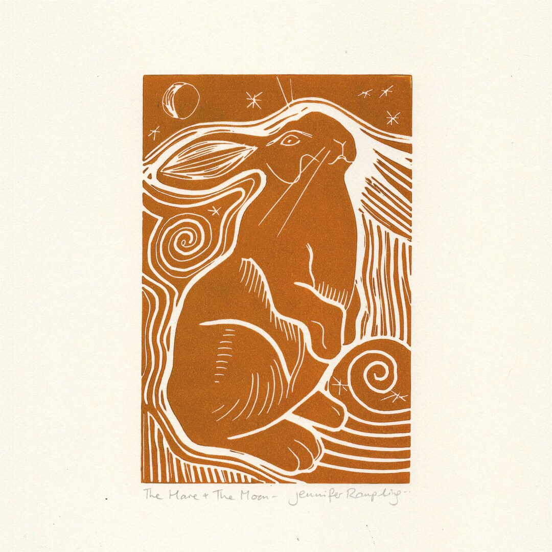 The Hare and the Moon Lino Print by Jennifer Rampling - Etsy