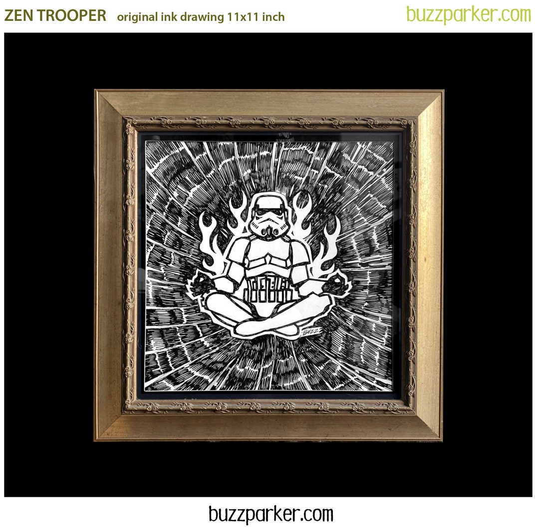 Zen Trooper #1/1 Ink Drawing Original by Buzz Parker Vintage Gold Frame ...