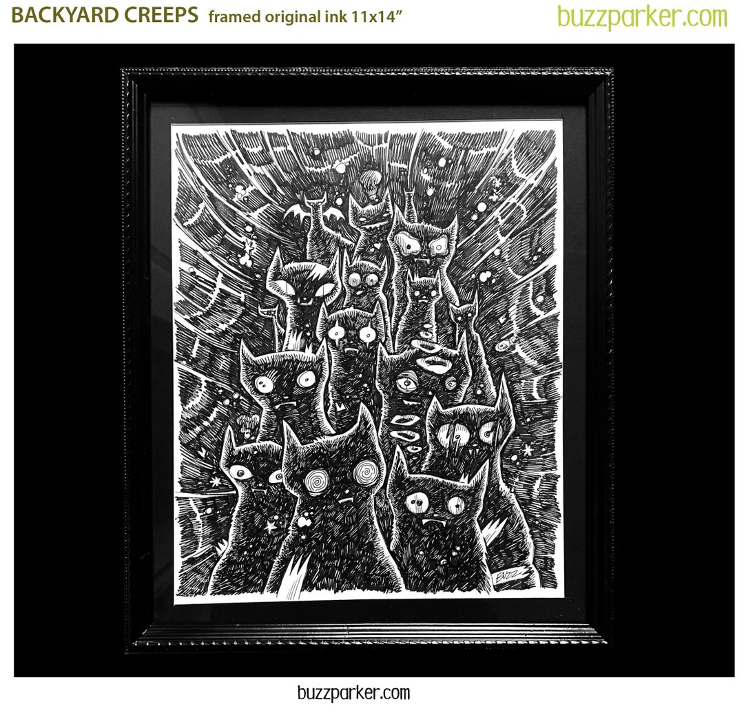 Original Ink Drawing: Backyard Cats Gang - Buzz Parker Art (11x14 ...