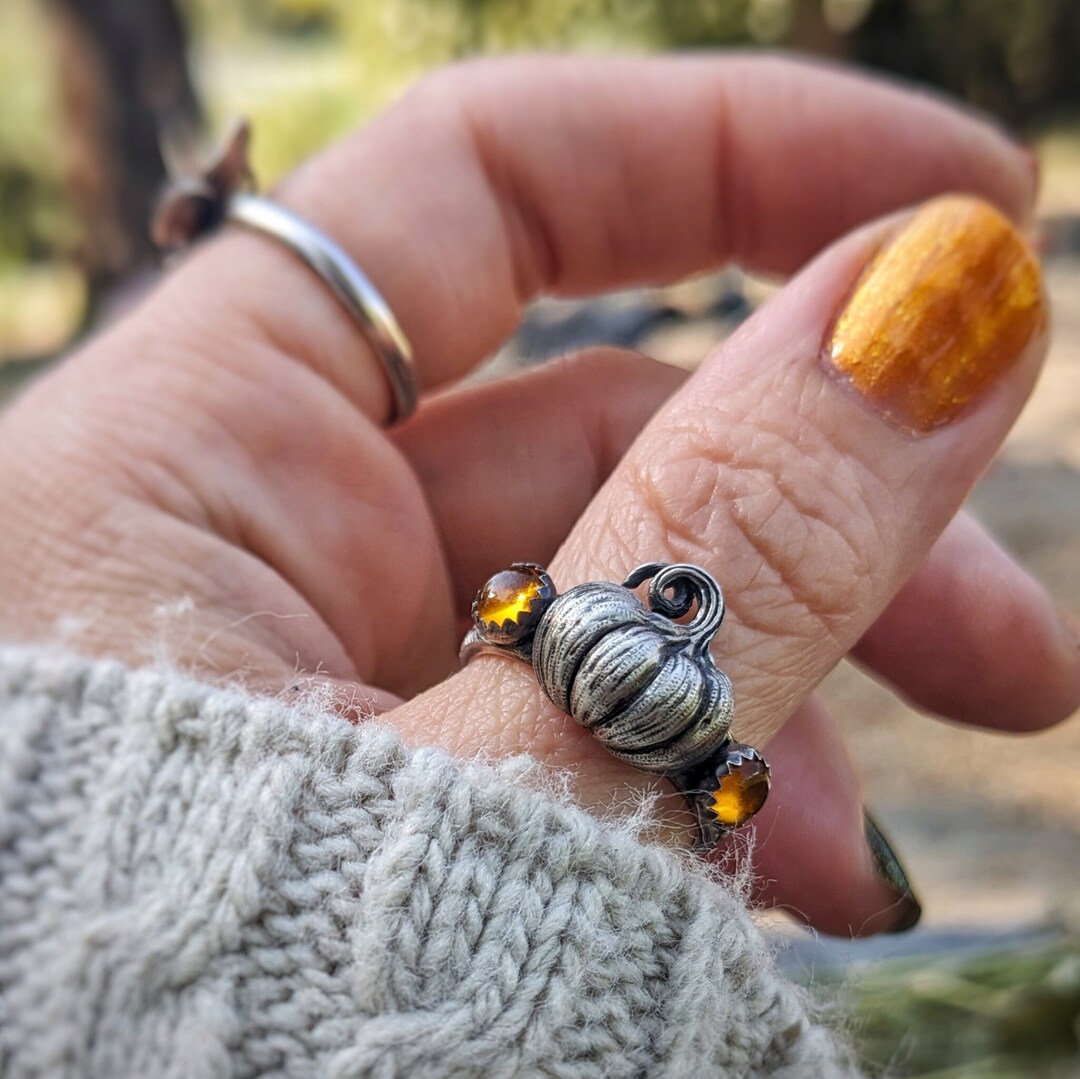 Handcrafted Sterling Silver Pumpkin Ring With Amber Accent - Etsy