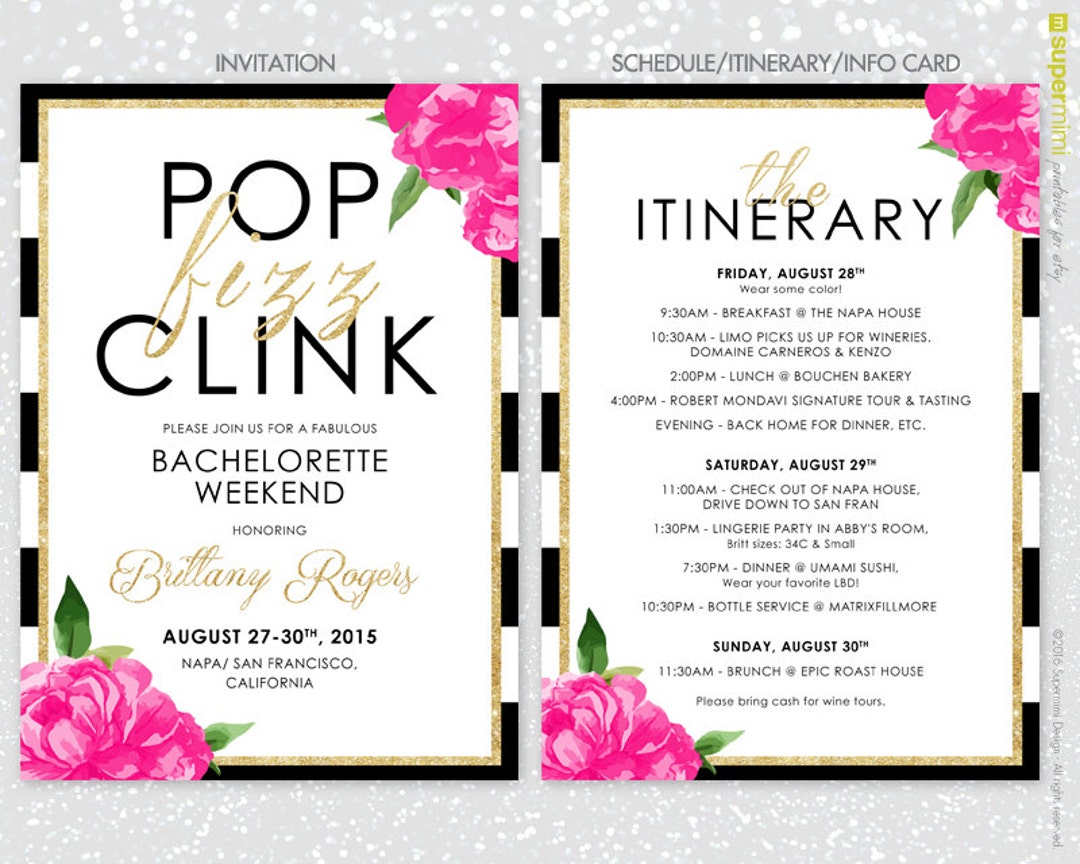 Pop Fizz Clink Gold Glitter Stripes With Pink Roses Bachelorette ...