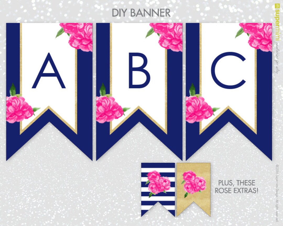 Gold Glitter Navy With Roses DIY Banner A to Z / Instant Digital ...