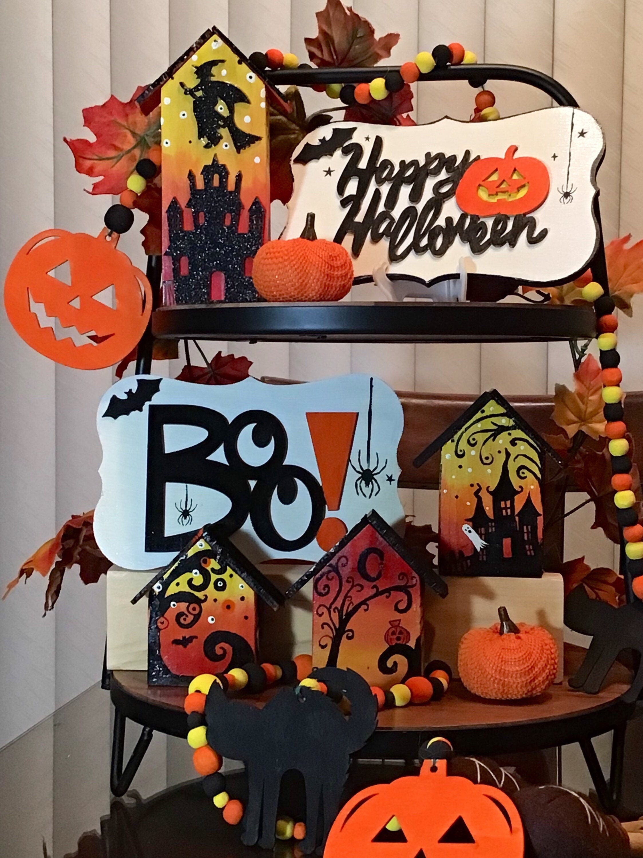 Spooky Halloween Wood Block Haunted House / Tiered Tray Decor Set ...