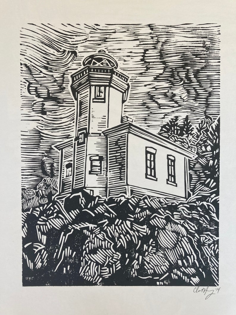 Lighthouse Linoleum Block Print 12 X 9. - Etsy