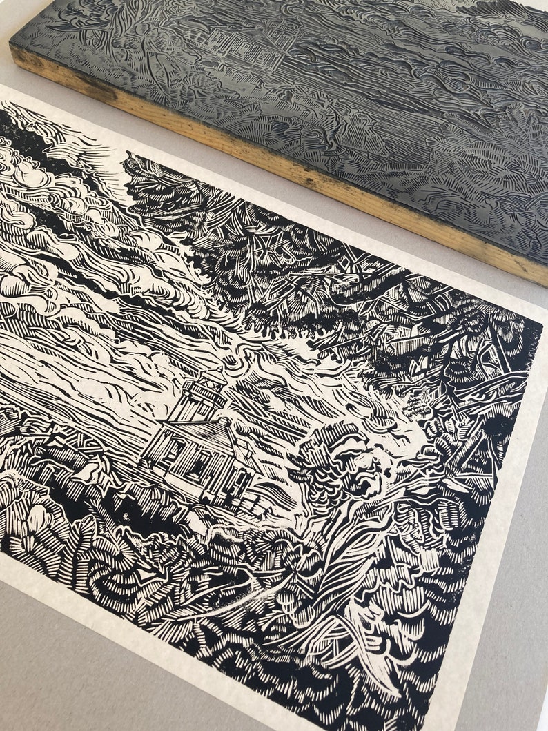 Lighthouse and Storm Linoleum Block Print 18 X 12. - Etsy