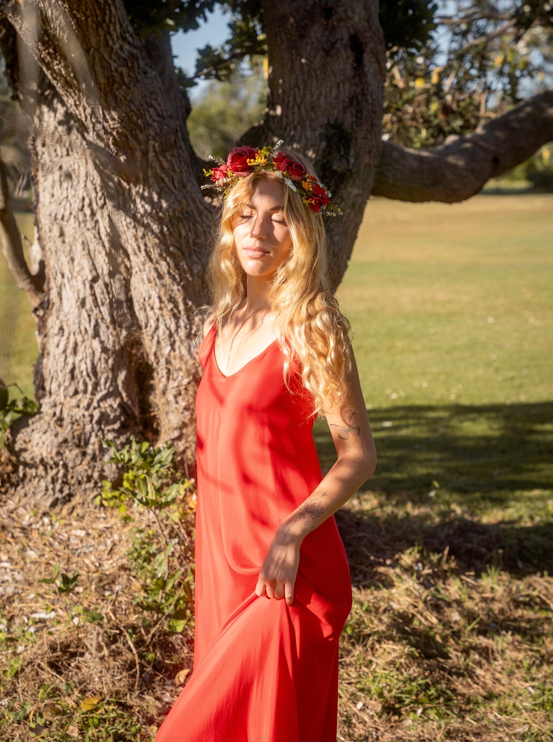 Hibiscus Eco Silk Dress, Cross Back Red Silky Strappy Dress, Eco Silk ...