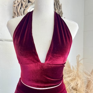 Zena Velvet Deep Halter Top, Festival Velour Plunge Neck Top With Tie ...