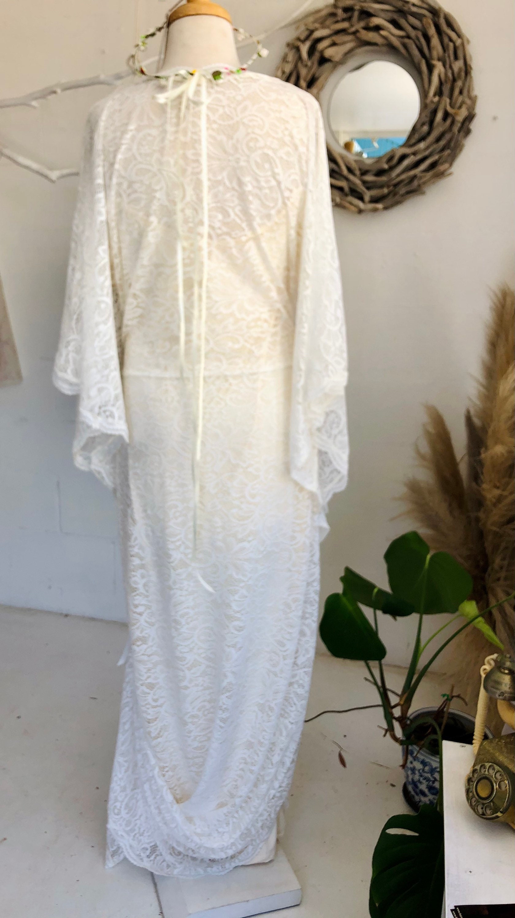 Gypsy Lace Beaded Train Bridal Kaftan, Vintage Lace Beach Wedding Dress