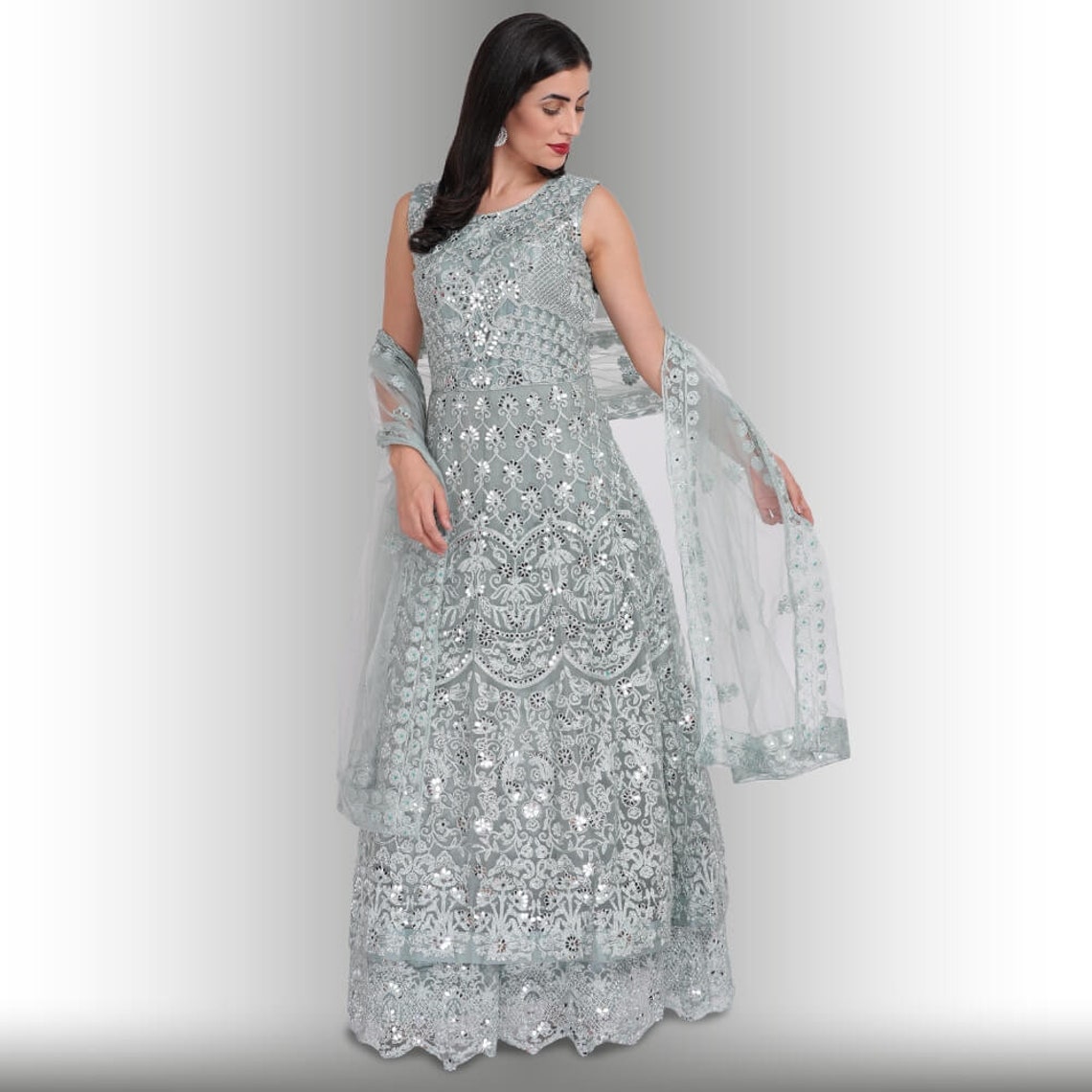 Mirror Work Gown Dress - Ash Blue - Etsy