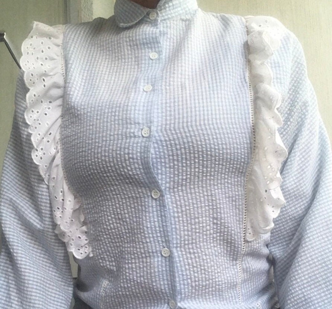 80s Blouse Edwardian Waitress Lightblue Checkered Crepe Cotton ...