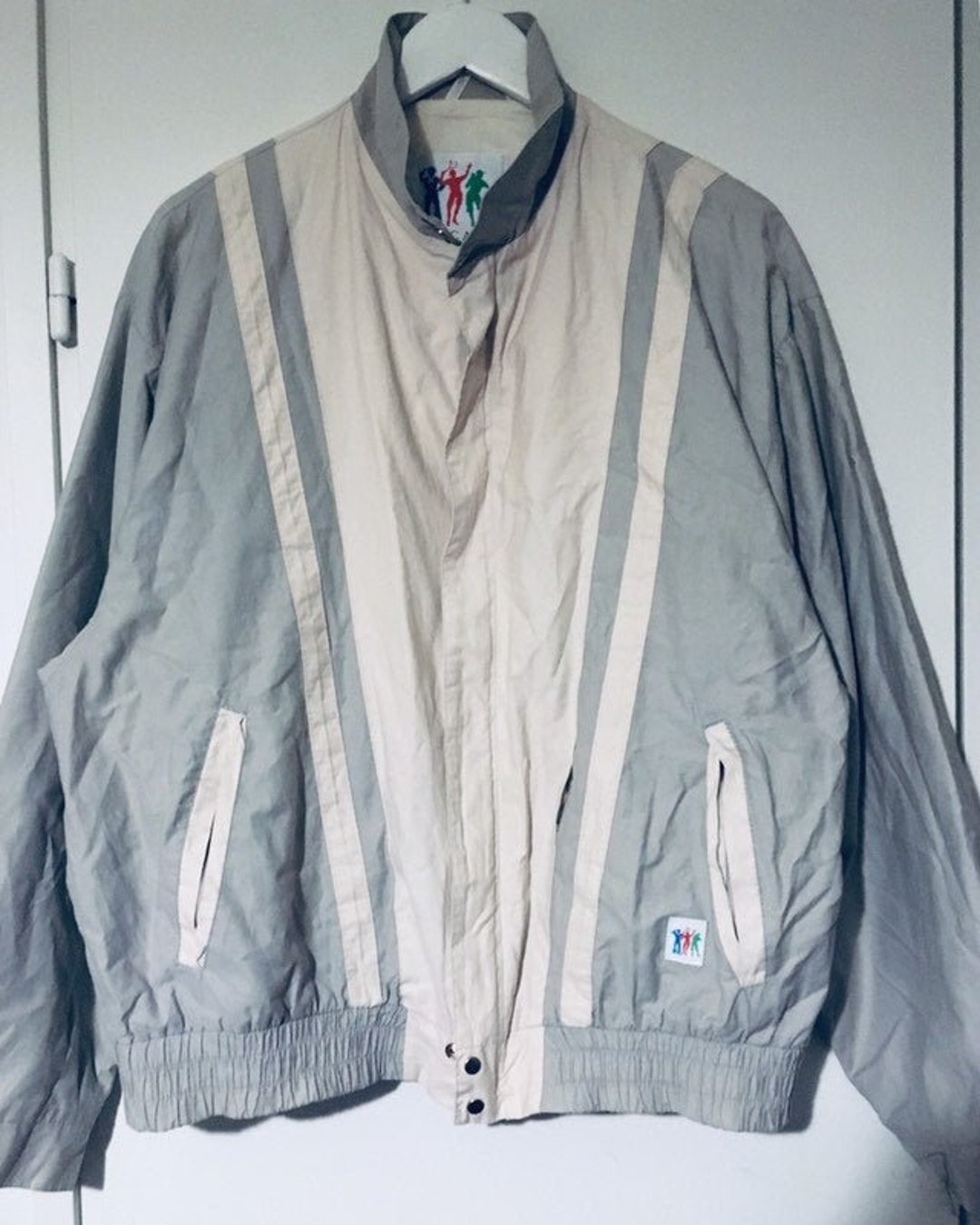 70s Jacket Windbreaker Gray Beige Zip up Bomber Retro Mod Campus Jacket ...
