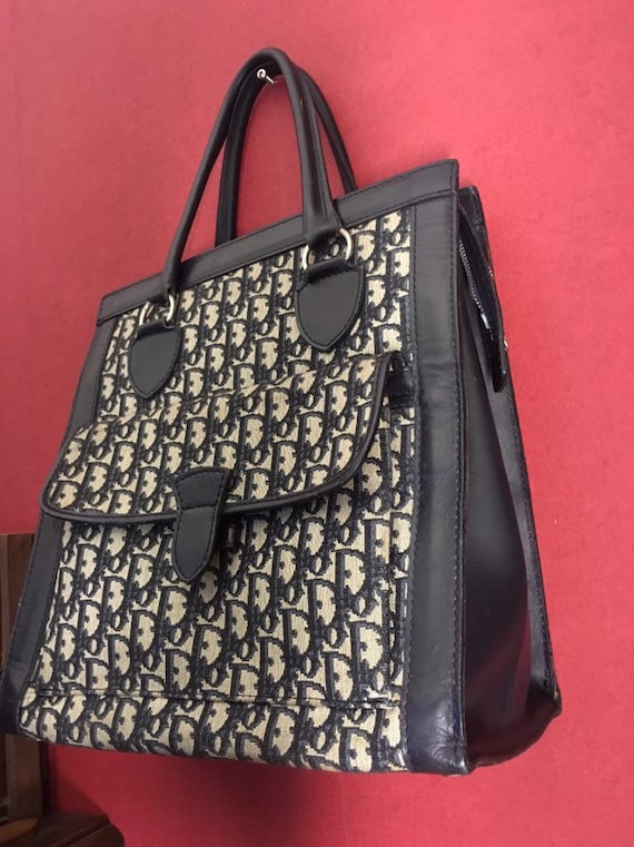 80s Dior Monogram bag Trotter Navy blue beige leathe… - Gem