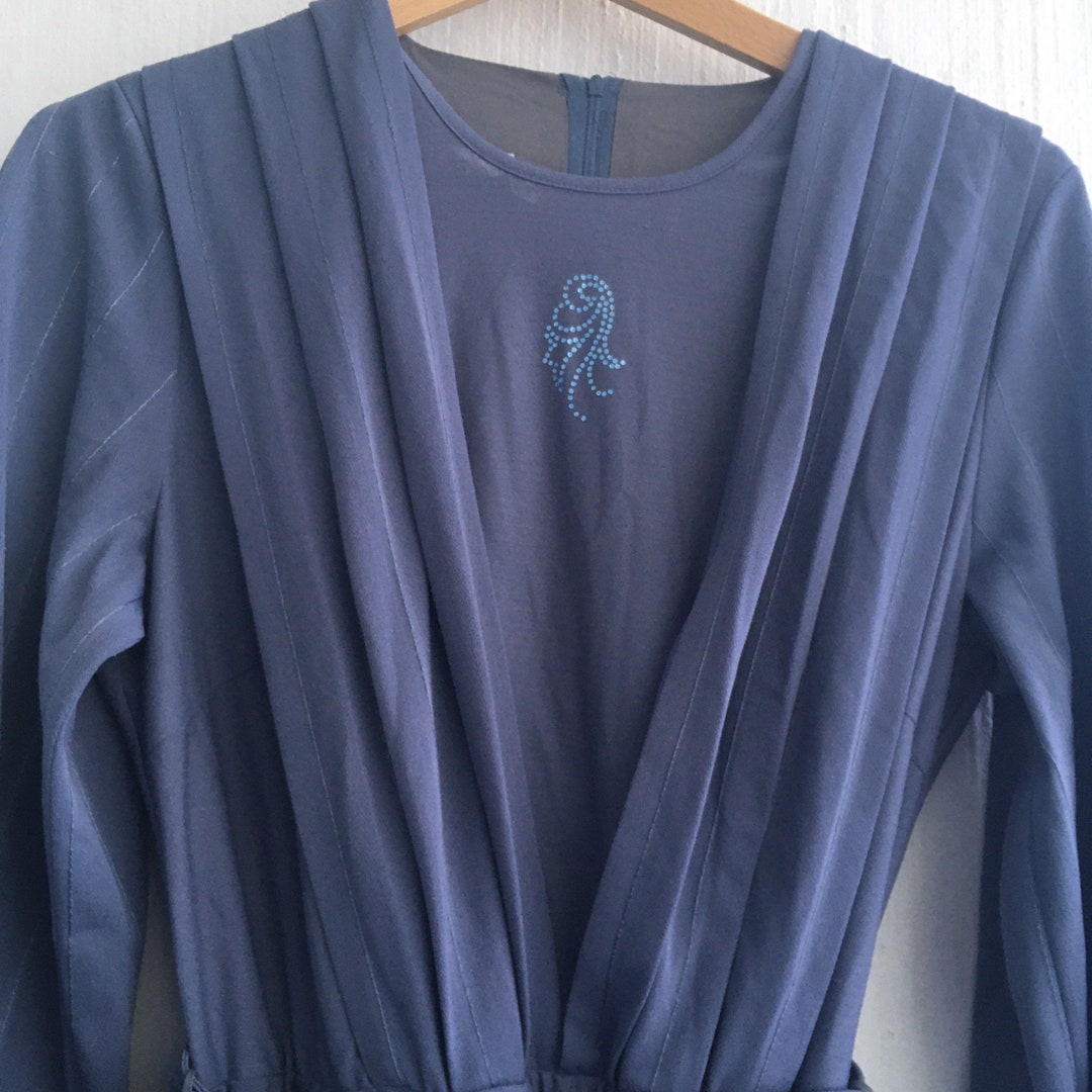 80s Dress Grayblue Pleated Belted Size M 40 - Etsy New Zealand