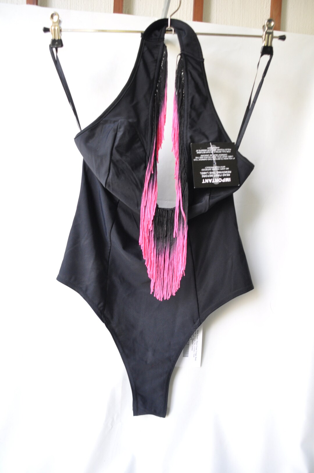 Swimsuit Deep V Cut Black High Cut Stringback Fringed Pink Size Xs New ...