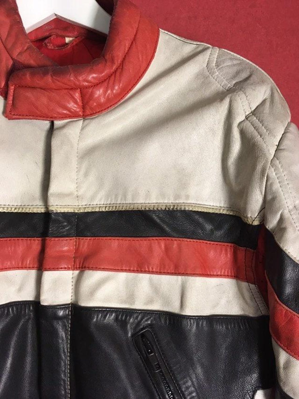 Vintage Freeway MC Leather Jacket: Padded Zip Up, Red White Black, Size ...