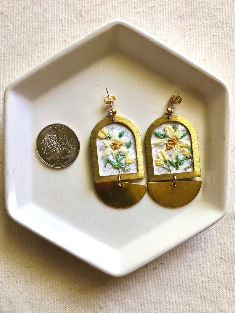 Boho Hand Embroidered Floral Peony Gold and Brass Arch Earrings - Etsy