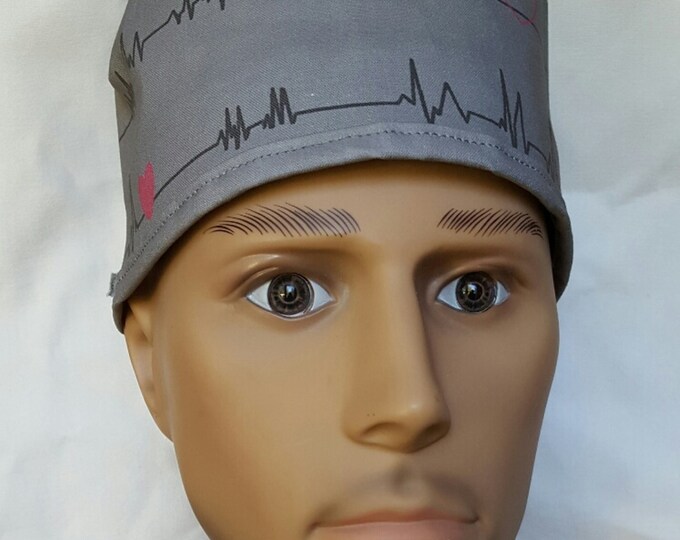 EKG ECG Surgical Scrub Hat Theatre Cap Heartbeats QRS Complex Tie in ...