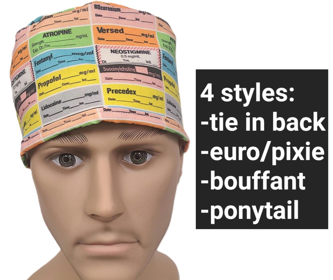 NEW FABRIC Anesthesia Drug Labels Surgical SCRUB Hat Theatre Cap ...