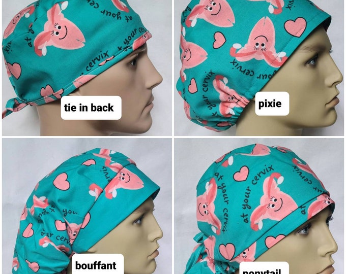Cervix Uterus Pick Style Surgical Scrub Hat Theatre Cap Gyn Anatomy