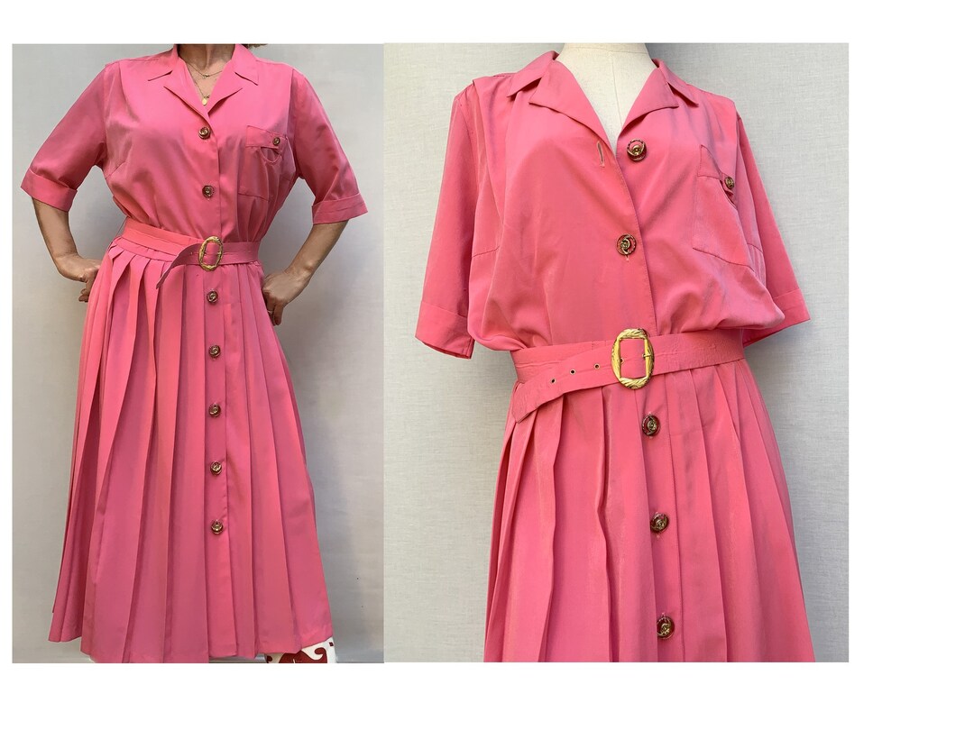Vintage 80s Pink Pleated SHIRTDRESS / 80s Pink / 80s Dress / Oversized ...