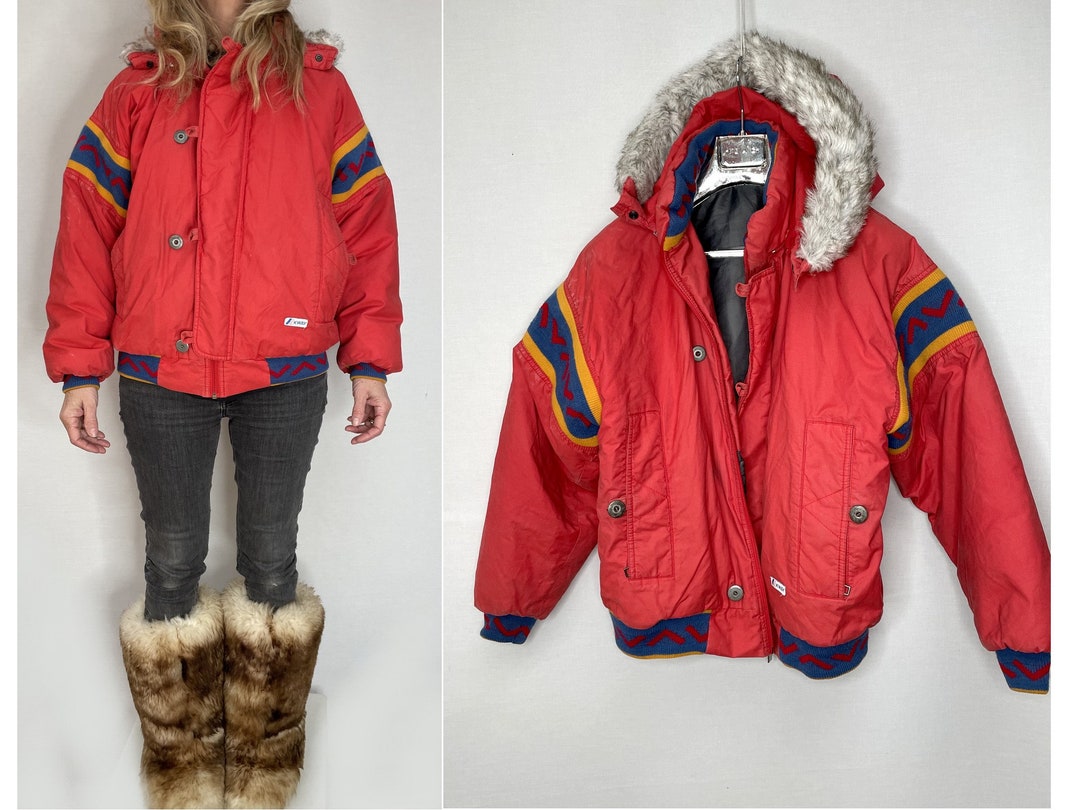 KWAY 1980s Winter Women Ski Jacket Padded Quilted Red Jacquard Fur Hood ...
