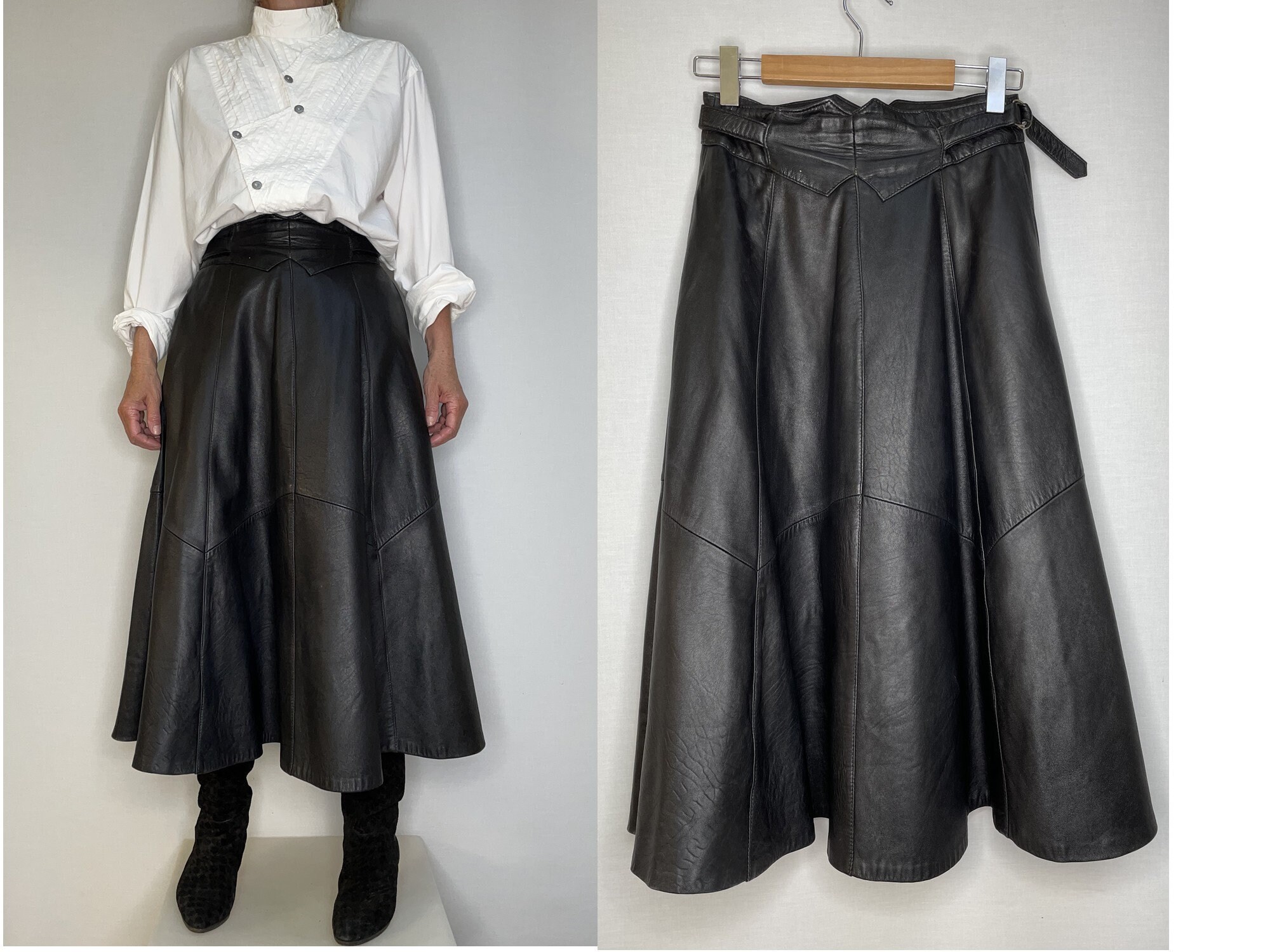 80er Jahre schwarz Leder voller Rock hoch taillierte Rock 80er | Etsy