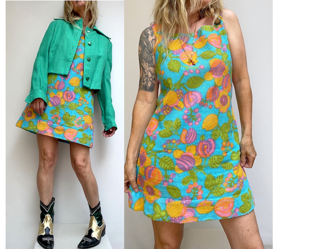 60s Floral Mini DRESS MOD Floral 60s Vintage Neon Towel DRESS Beach ...