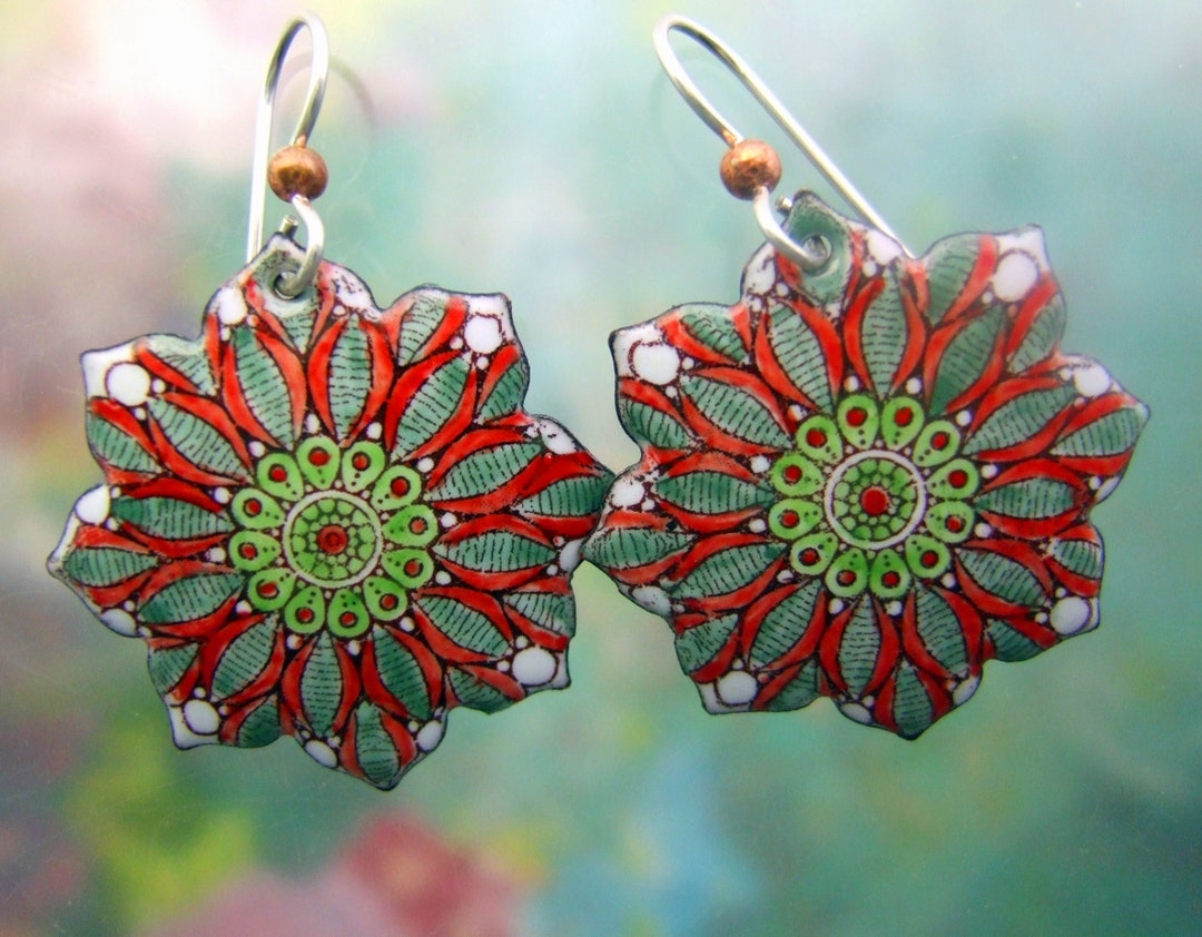 Complex Red Mandala Hand-painted Enamel Earrings ONLY, Hand-painted Enamel Jewelry, Mandalas ...