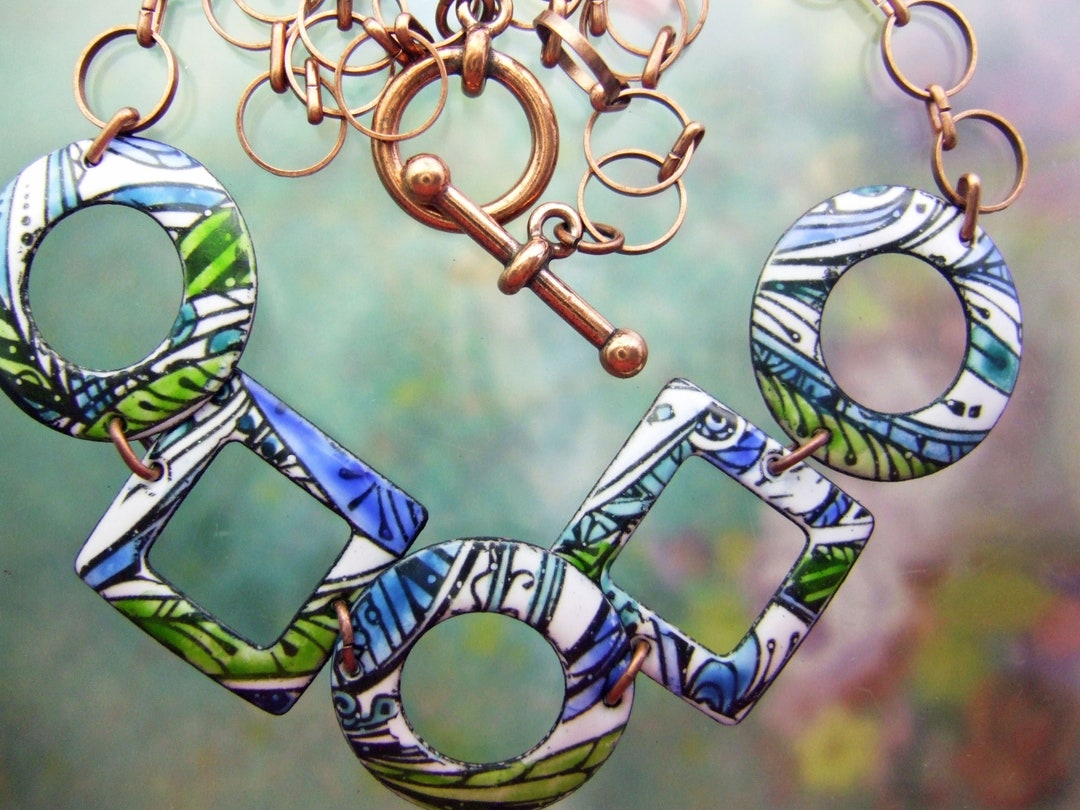 Blue Abtract Necklace ONLY, Hand-painted Enamel Jewelry, Midcentury ...